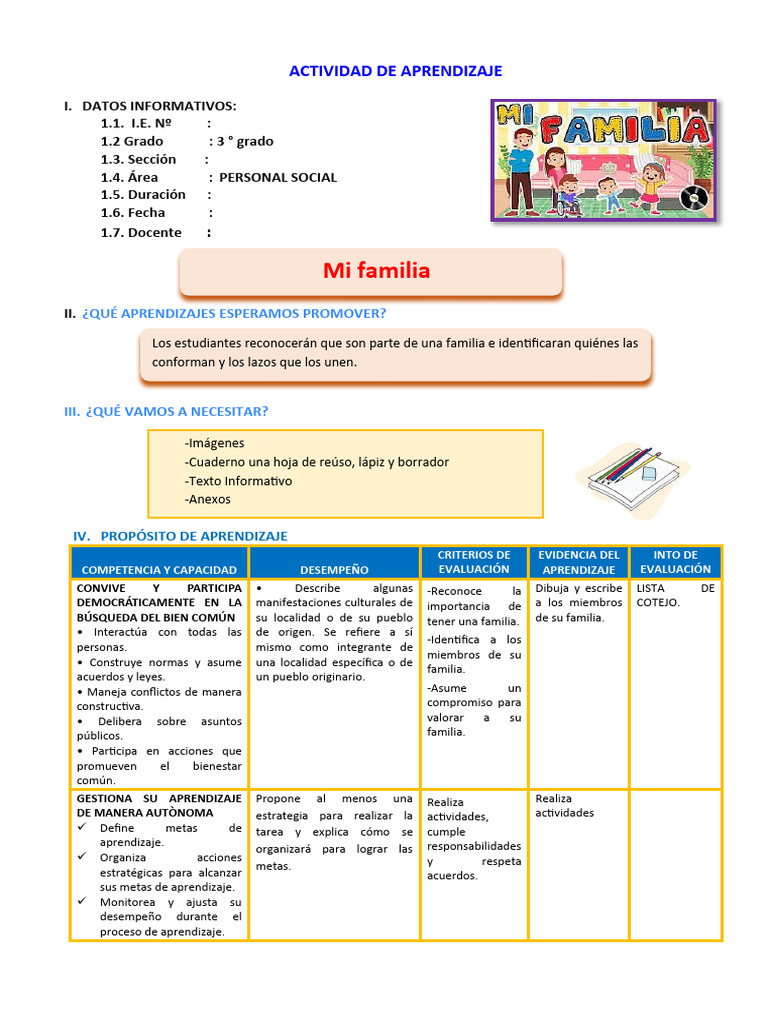 d1 A2 Sesion Ps. Mi Familia | PDF | Evaluación