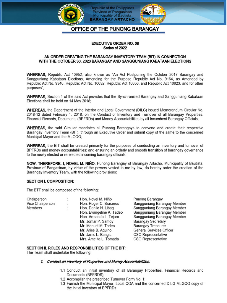 EXECUTIVE ORDER BARANGAY AND SK TURN-OVER VERIFICATION TEAM | PDF ...