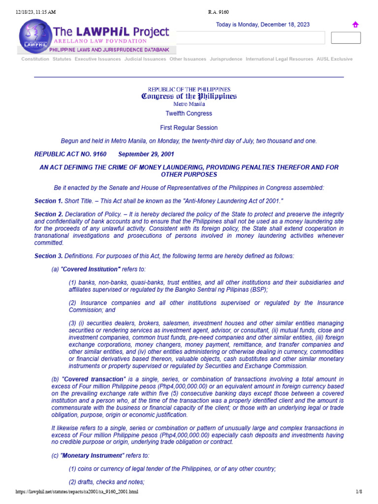 RA 9160 - Anti-Money Laundering Act | PDF | Asset Forfeiture | Money