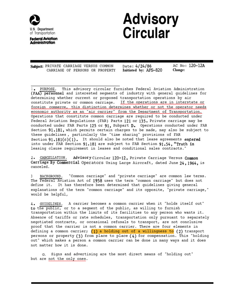 AC - 120-12A Private Carriage VS Common Carriage of Persons or Property ...