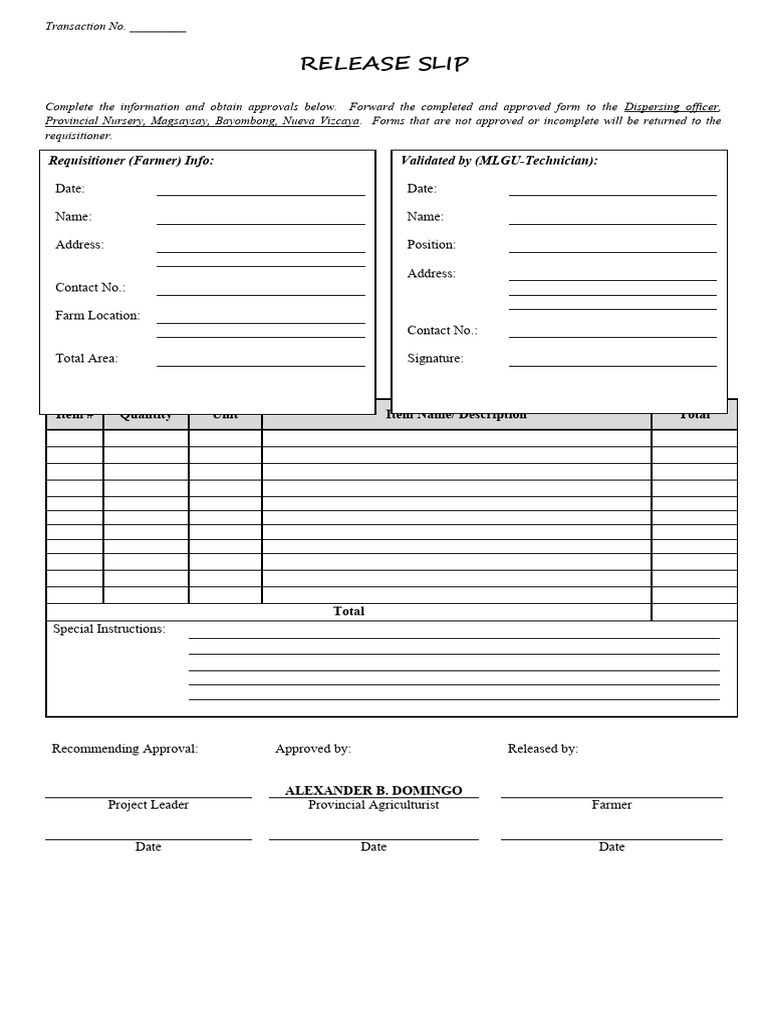 Release Slip for Agricultural Transactions | PDF