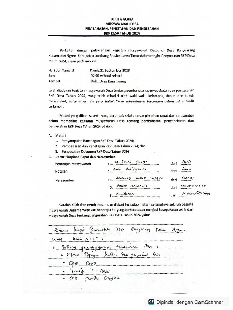 BA Musdes Pembahasan, Penetapan Dan Pengesahan RKP Desa Tahun 2024 | PDF