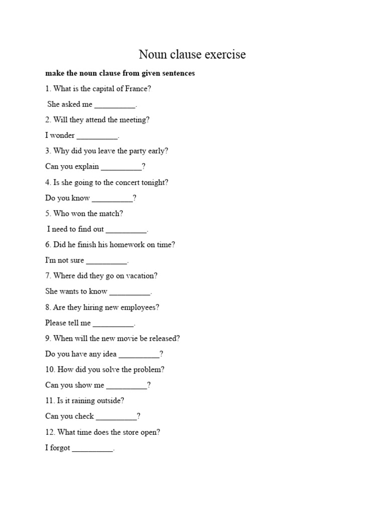 Noun Clause Exercise - Make The Noun Clause From Given Sentences | PDF ...
