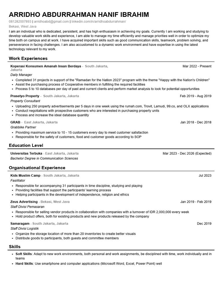 Arridho Abdurrahman: Career and Skills Overview | PDF | Jakarta | Business