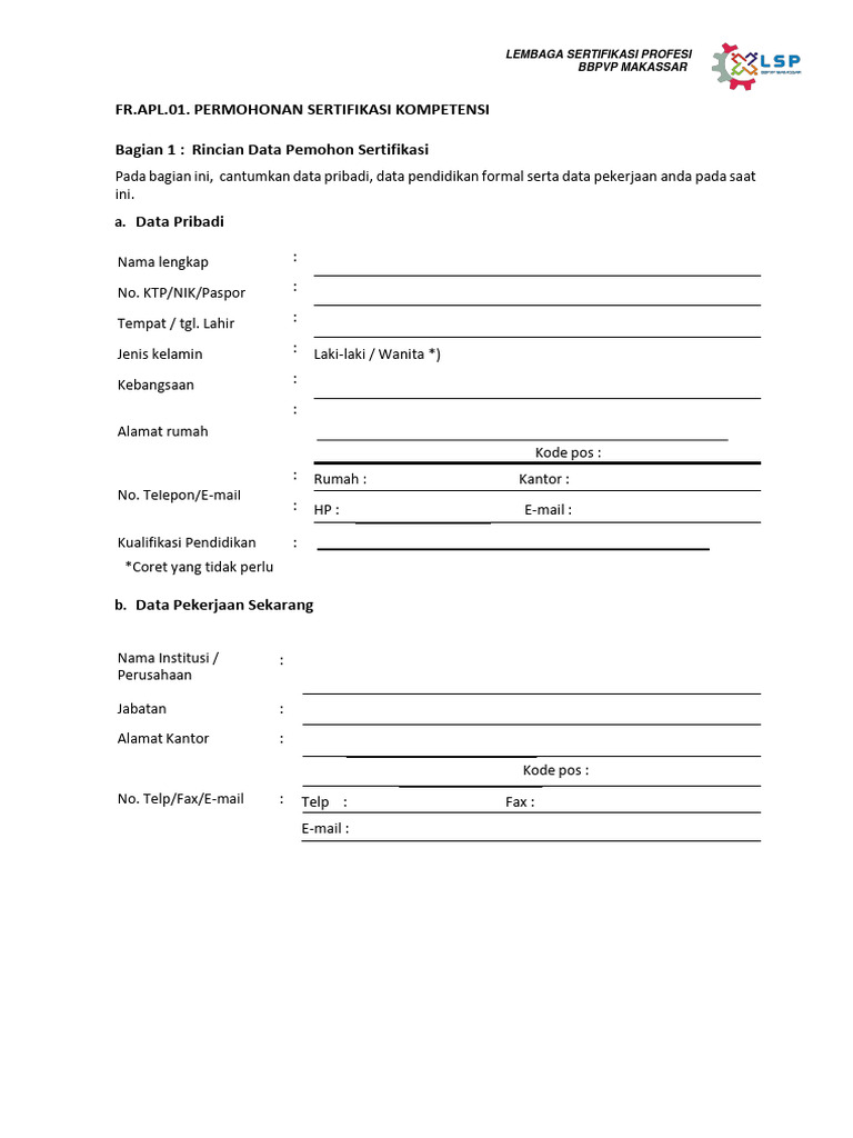 FR - Apl 01. Permohonan Sertifikasi Kompetensi TAC | PDF