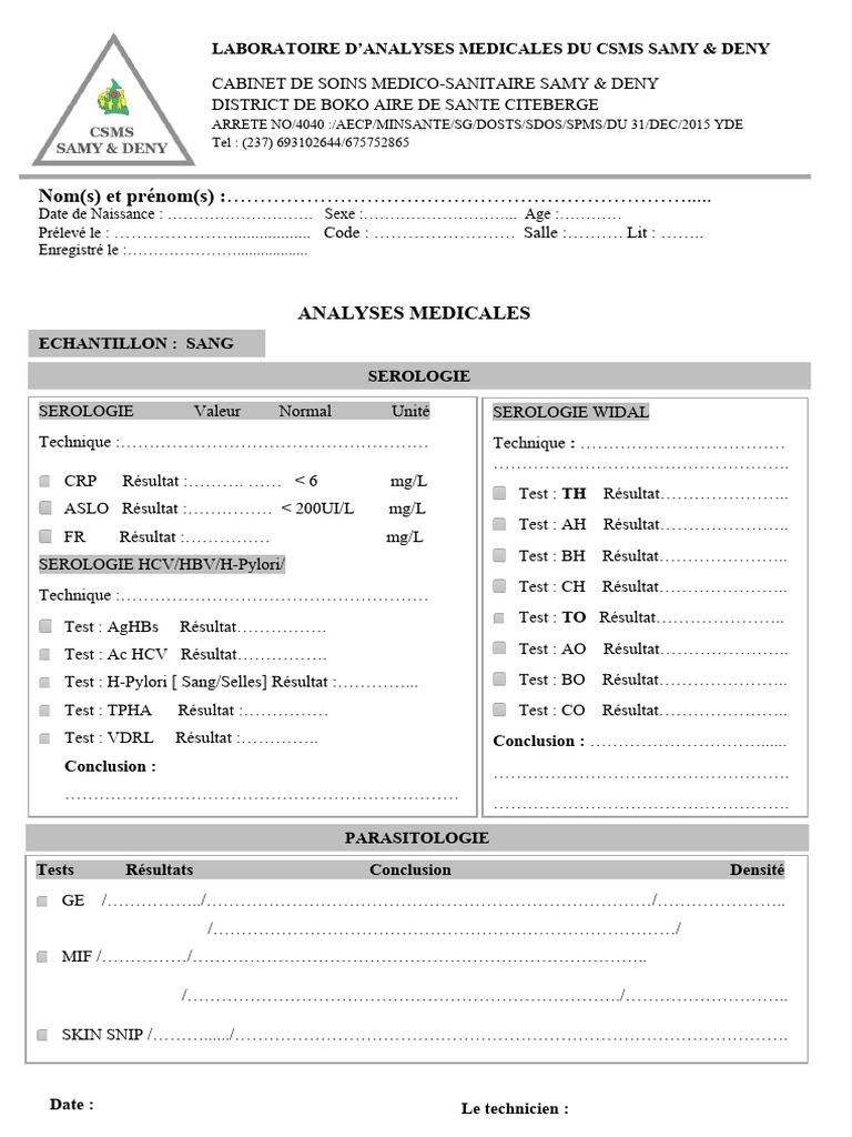 RESULATS SEROLOGIE CRP ASLO FR HCV HBV WIDAL H Pylori PARASITO SKIN ...