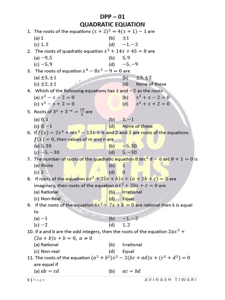 DPP - 01 Quadratic Equation | PDF | Zero Of A Function | Rational Number