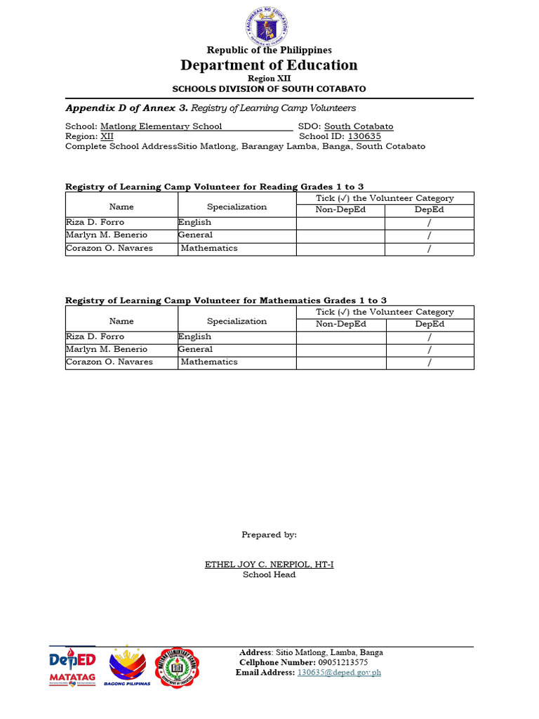 Appendix D of Annex 3- Registry of Learning Camp Volunteers | PDF