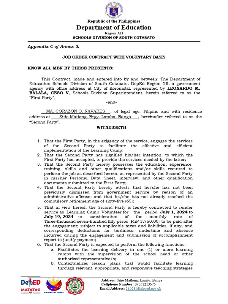 Appendix C of Annex 3 Contract of Teachers | PDF | Learning | Employment