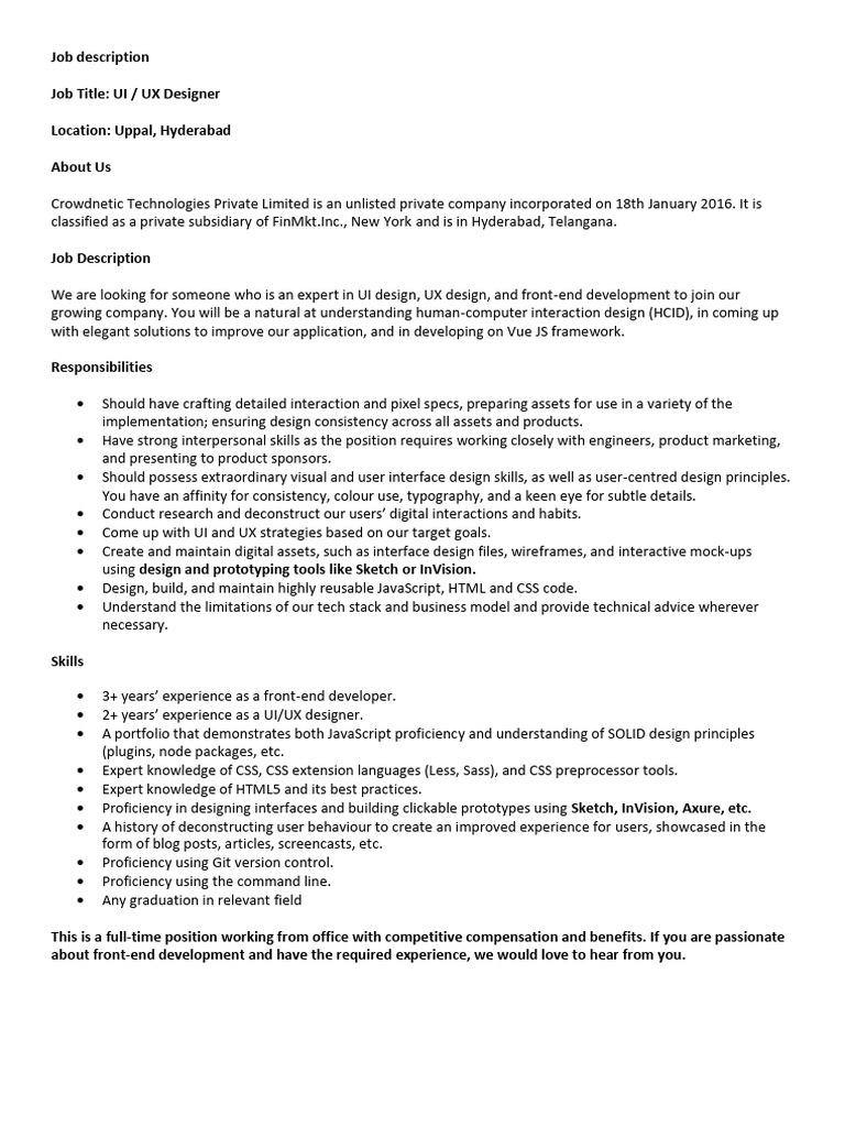 JD at UI - UX Designer | PDF | User Interface | User Interface Design