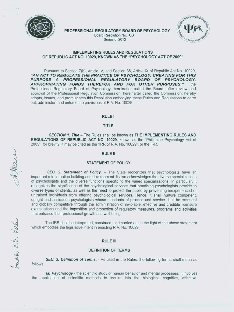IRR Psych Law RA 10029 | PDF