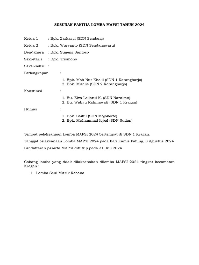 Panitia Lomba MAPSI 2024 Kragan | PDF