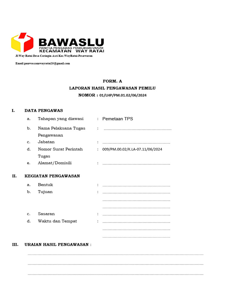 Laporan Pengawasan Pemilu Form A | PDF