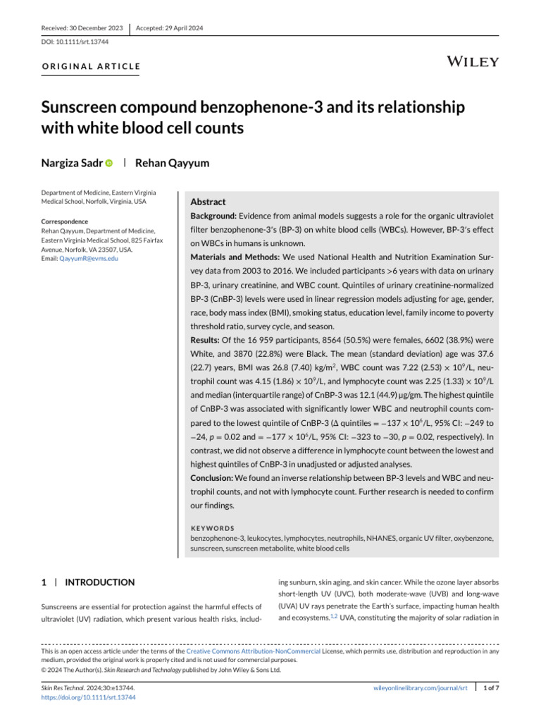 Sunscreen Compound Benzophenone-3 and Relationship With White Blood ...