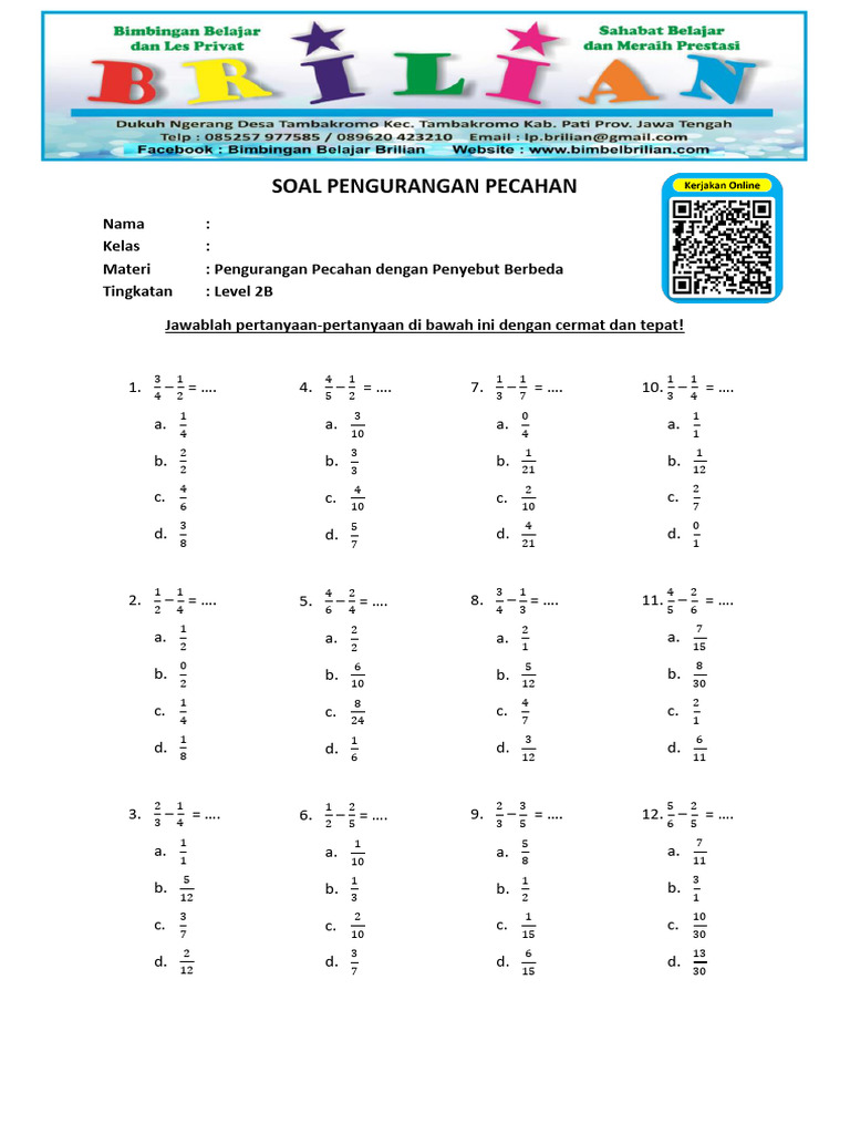 Soal Pengurangan Pecahan Level 2 B | PDF