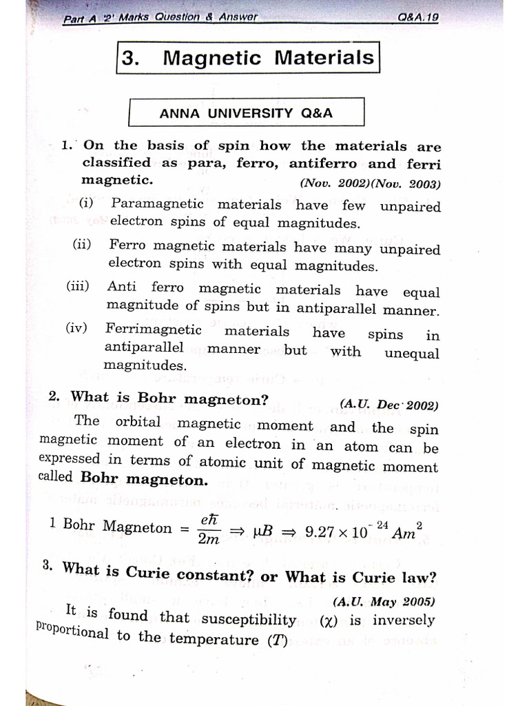 Magnetic Properties Question Bank 2marks | PDF