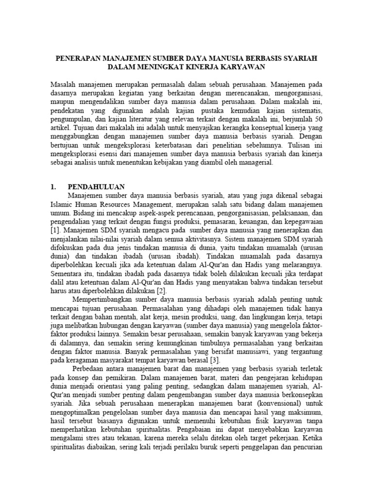 Penerapan Manajemen Sumber Daya Manusia Berbasis Syariah Dalam Meningkat Kinerja Karyawan | PDF