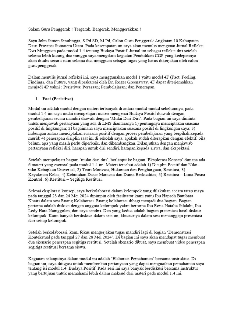 Jurnal Refleksi Dwi Mingguan Modul 1.4 Budaya Positif - John Simon ...