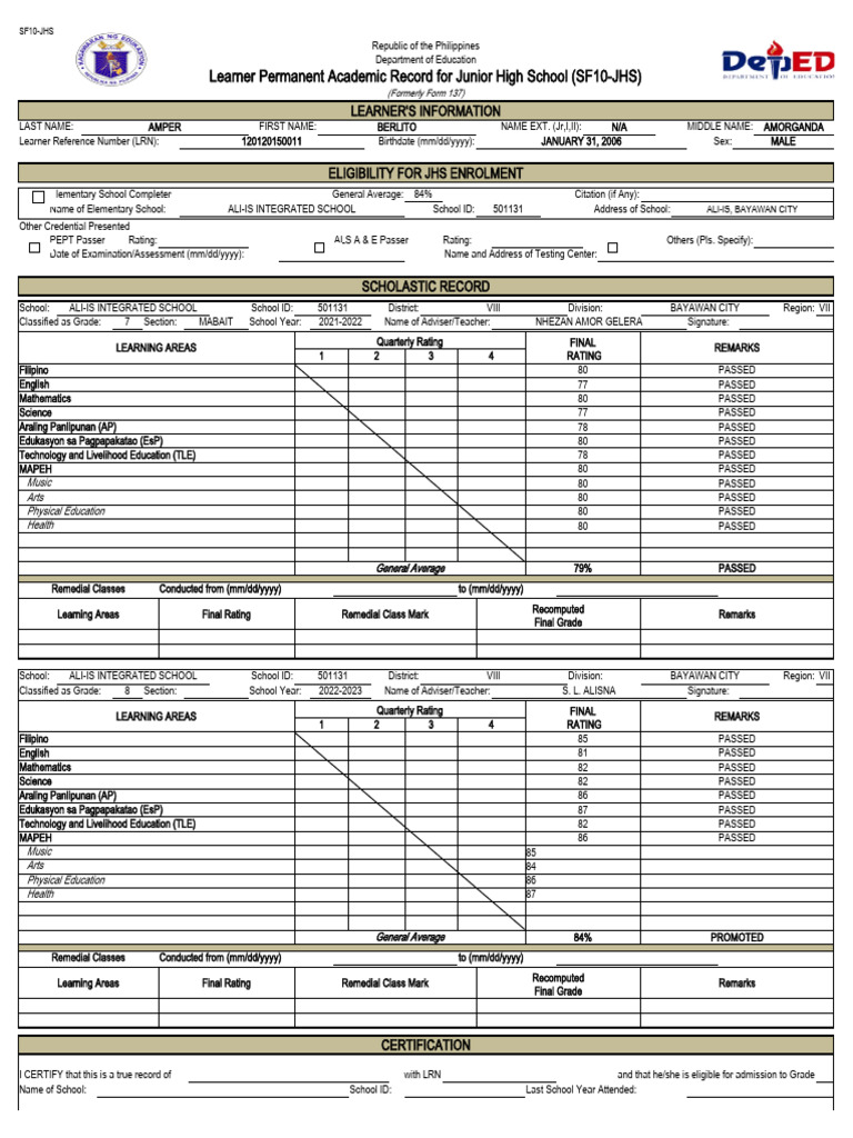 School Form 10 JHS Learners Academic Permanent Record | PDF | Middle Schools