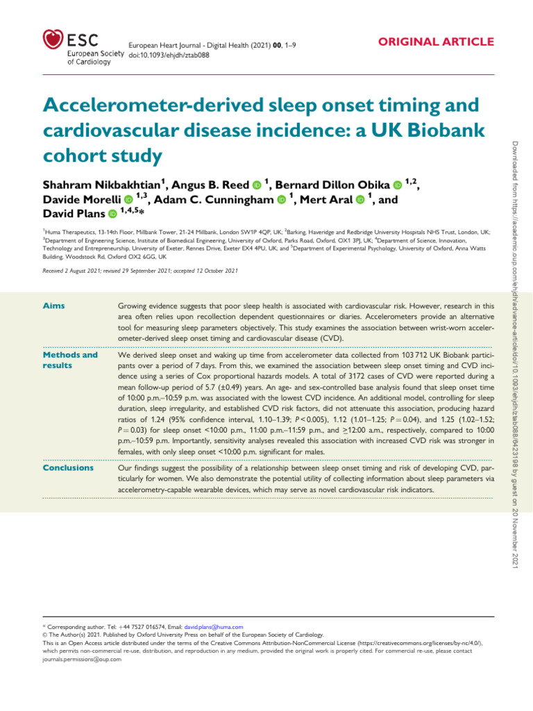 Accelerometer-Derived Sleep Onset Timing and | PDF | Cardiovascular Diseases | Medical Specialties