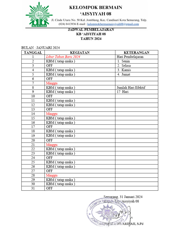 Jadwal KB 'Aisyiyah 08 2024 | PDF
