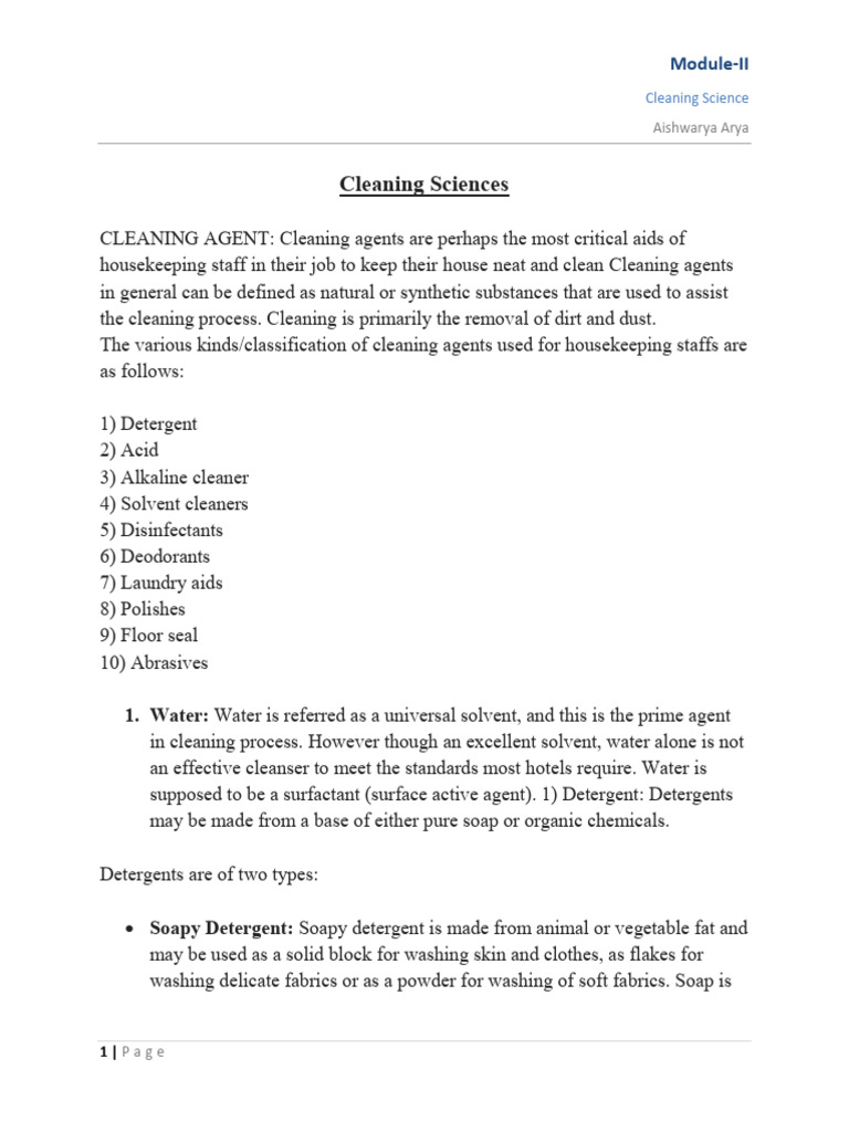 Module 2 Cleaning Sciences Agents | PDF | Detergent | Chemical Substances