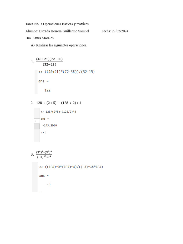 Tarea 3 - Operaciones Básicas y Matrices - Estrada Herrera | PDF
