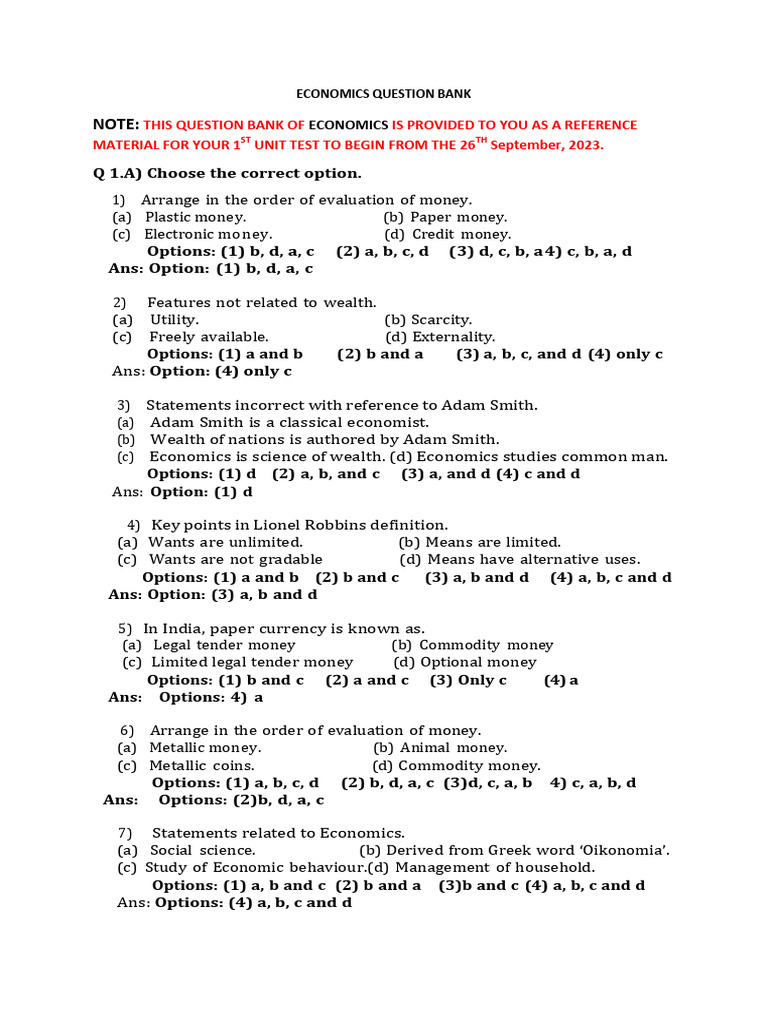Economics Question Bank for Unit Test | PDF | Money | Economics