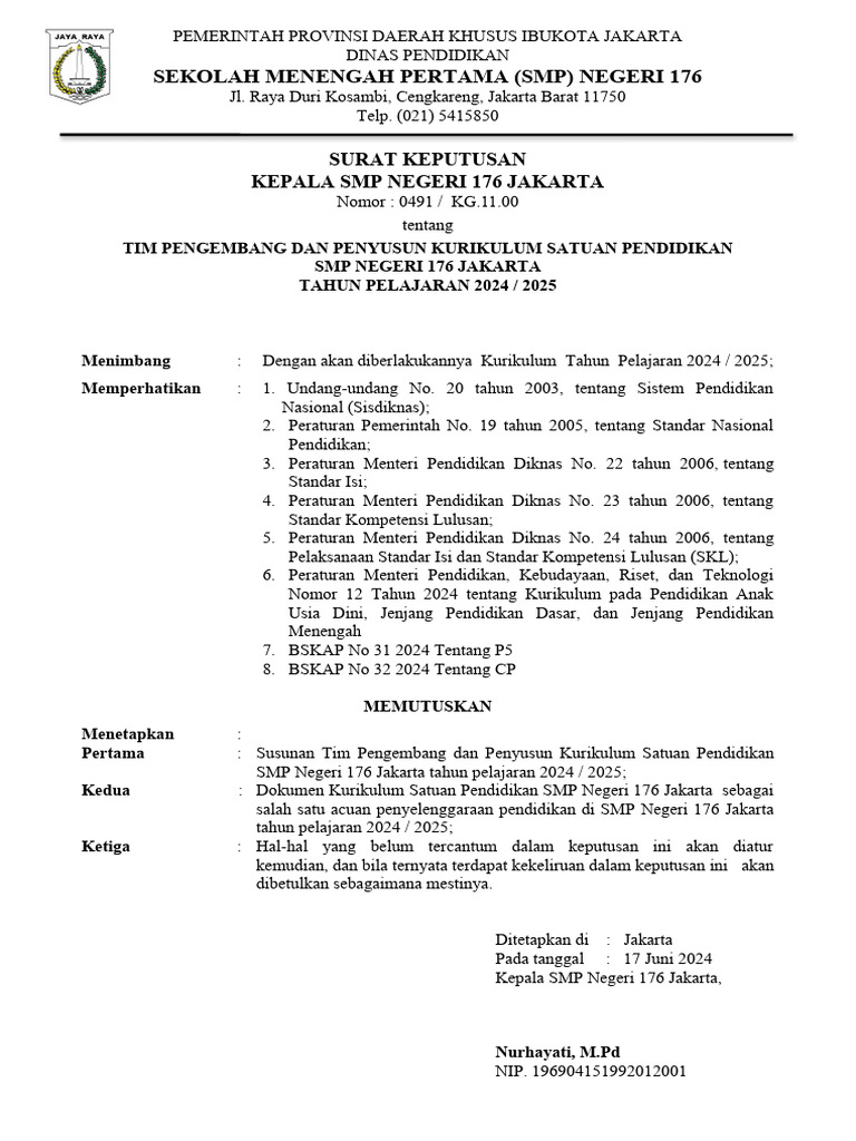 Tim Kurikulum SMPN 176 Jakarta 2024/2025 | PDF
