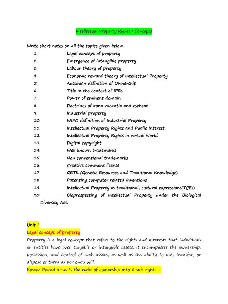 Notes For IPR Exam | PDF | Property | Intellectual Property