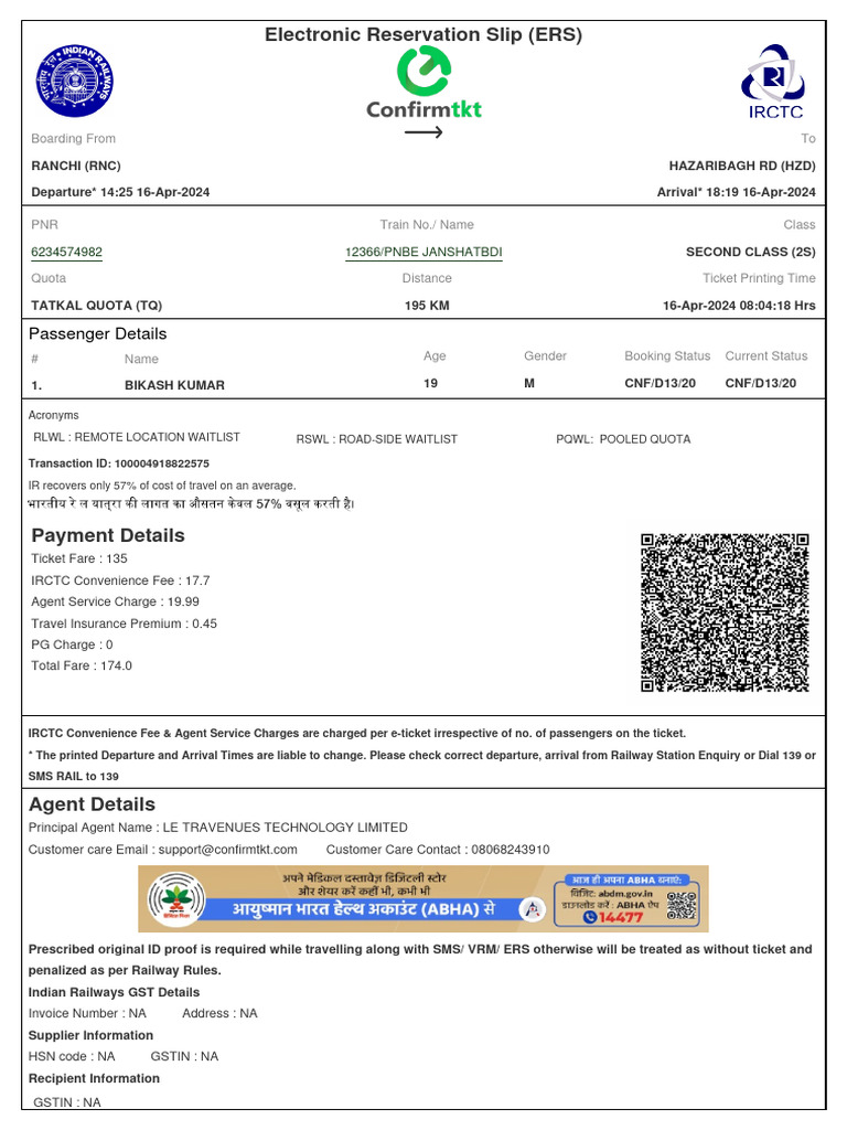 Ticket Ranchi To Hazaribagh | PDF | Identity Document