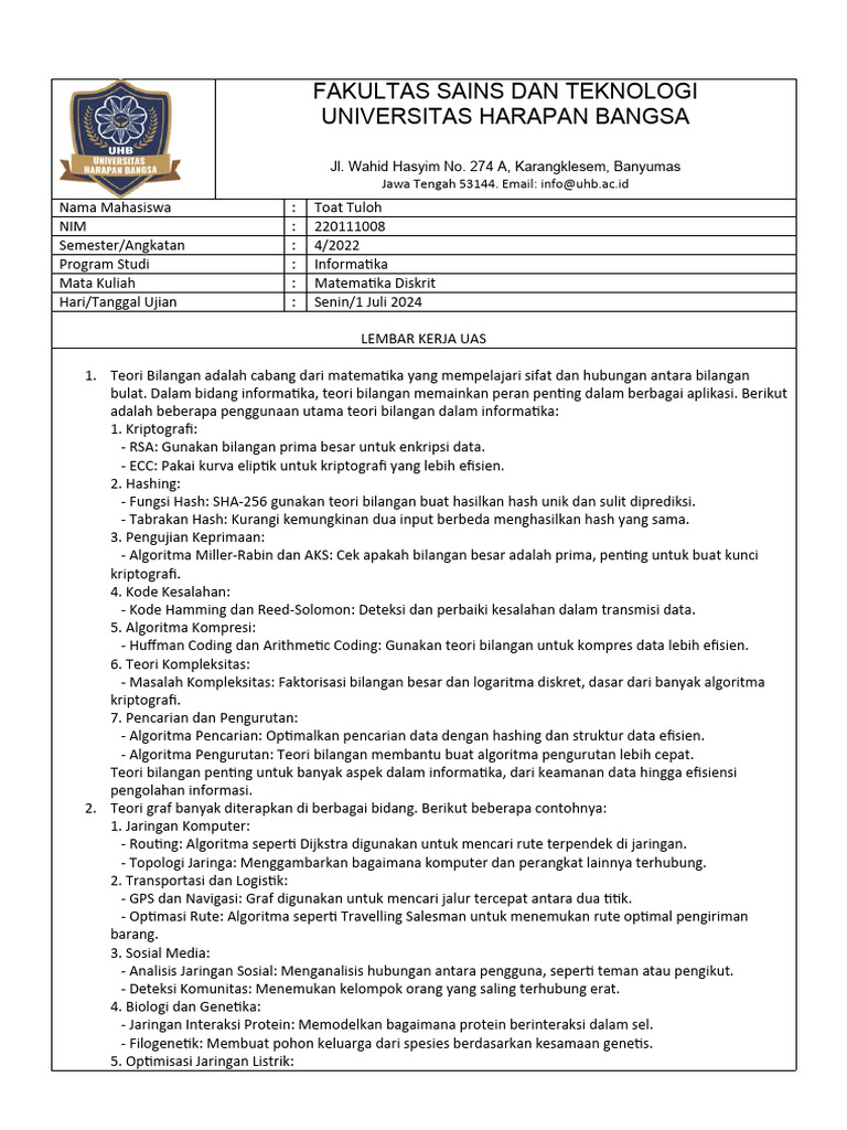 Lembar Kerja Uas MTK Diskrit 2024 | PDF