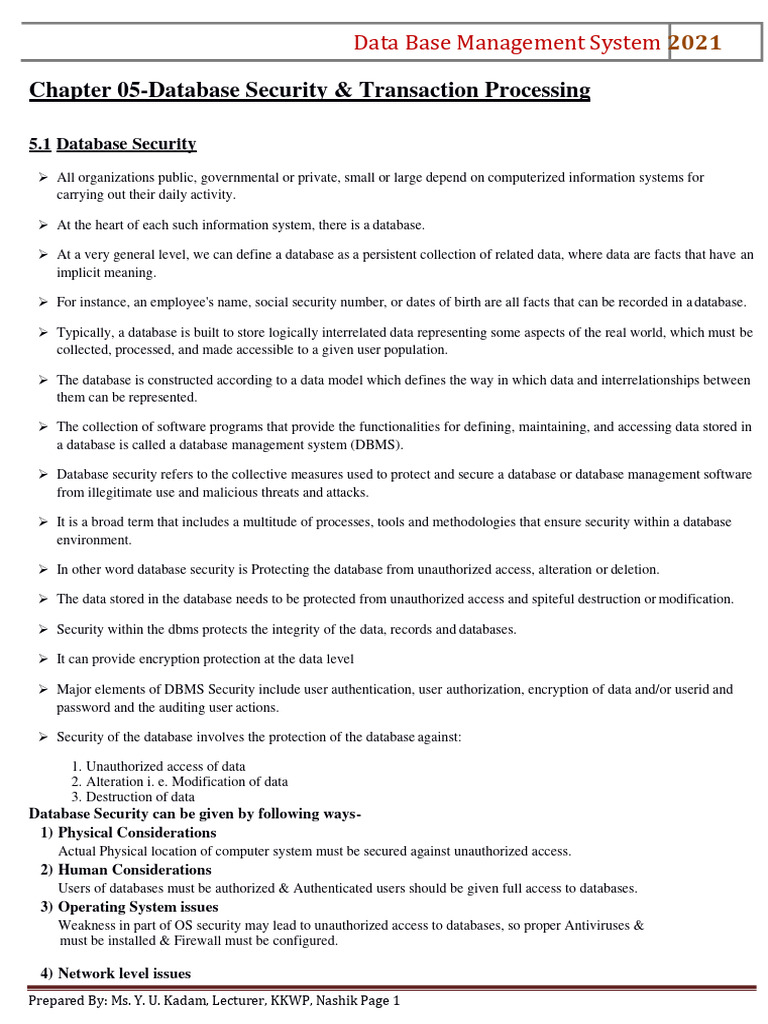 KKW Unit 5 Database Security | PDF | Databases | Database Transaction KKW Unit 5 Database Security | PDF | Databases | Database Transaction