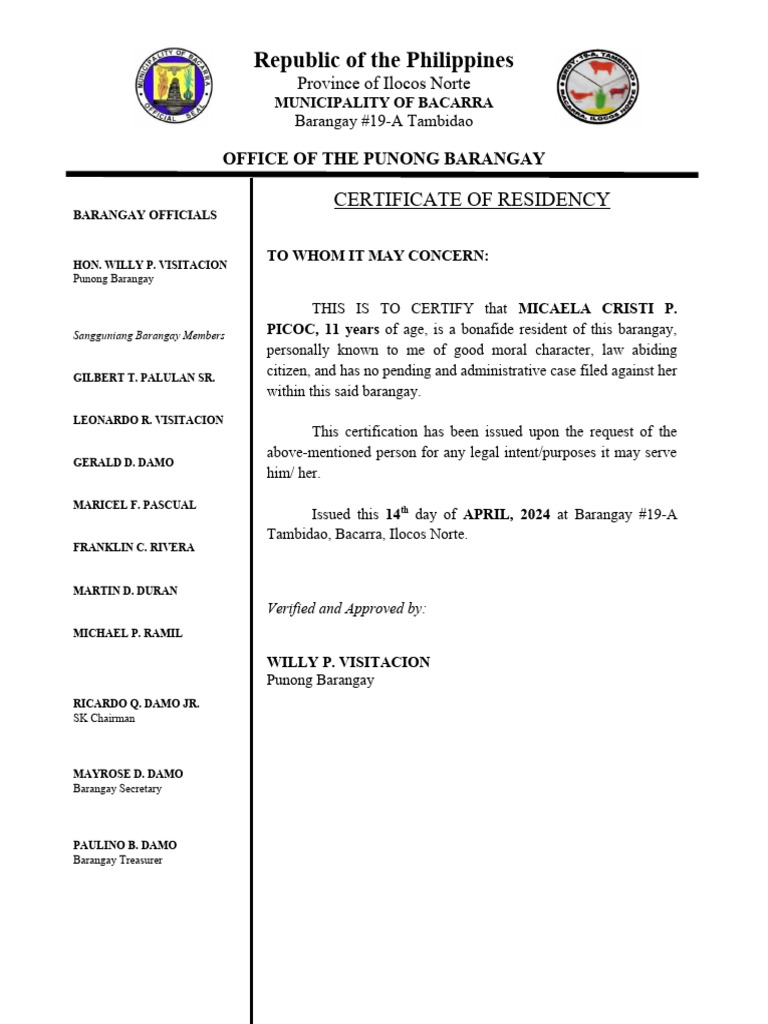 Certificate of Residency - Barangay #19-A | PDF | Philippines