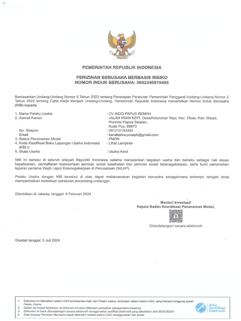 Nib Cv Indo Papua Remah | PDF