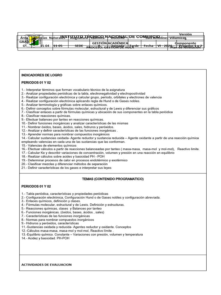 Inst Plan Niv Quim 11 Per 01 02 2024 Pdf Química Reacciones Químicas