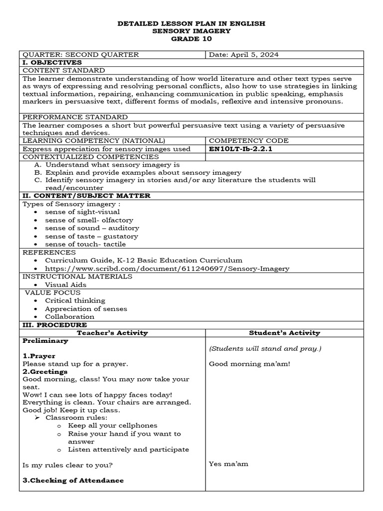 Detailed Lesson Plan in English | PDF | Senses | Taste