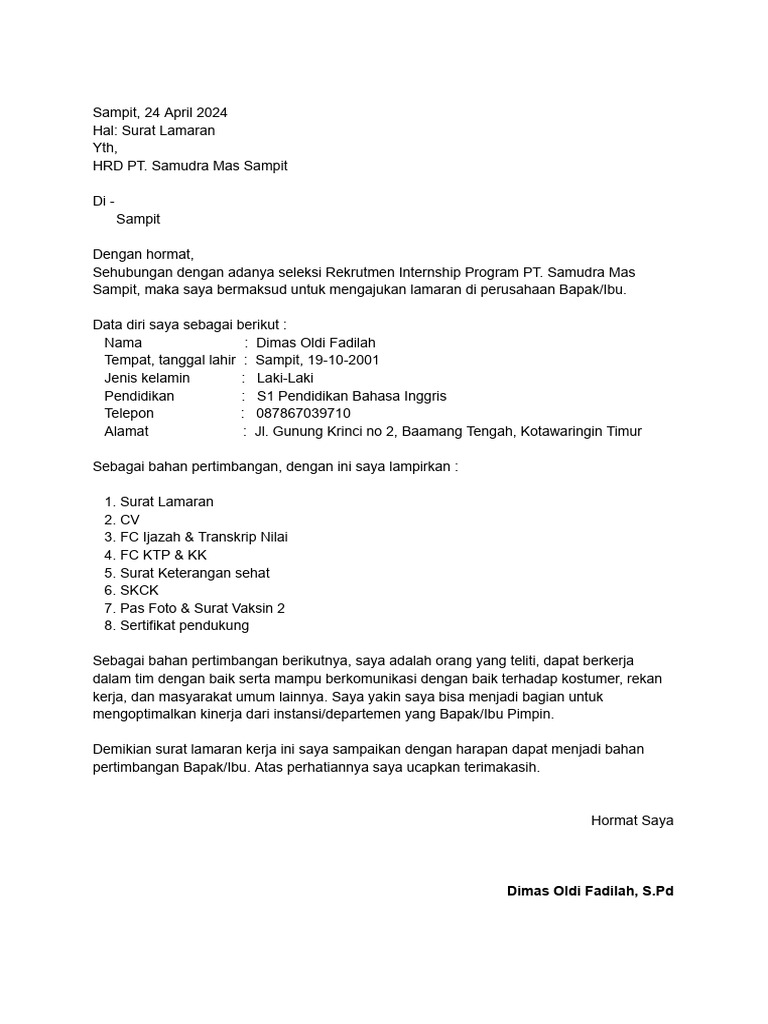 Surat Lamaran BRILIAN INTERNSHIP MAGANG | PDF