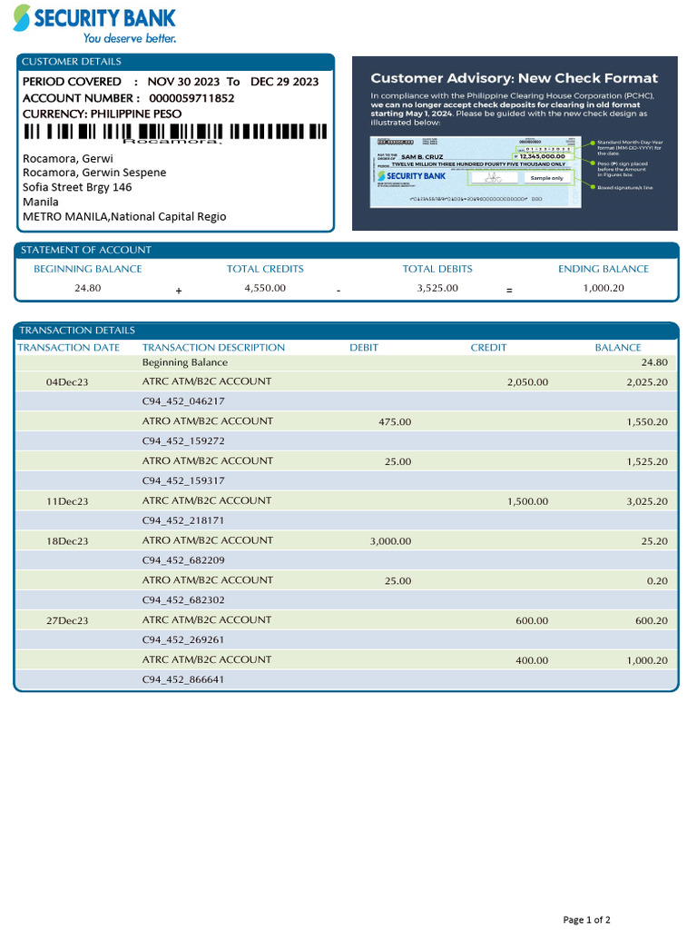 Security Bank Statement GSR | PDF | Banks | Automated Teller Machine