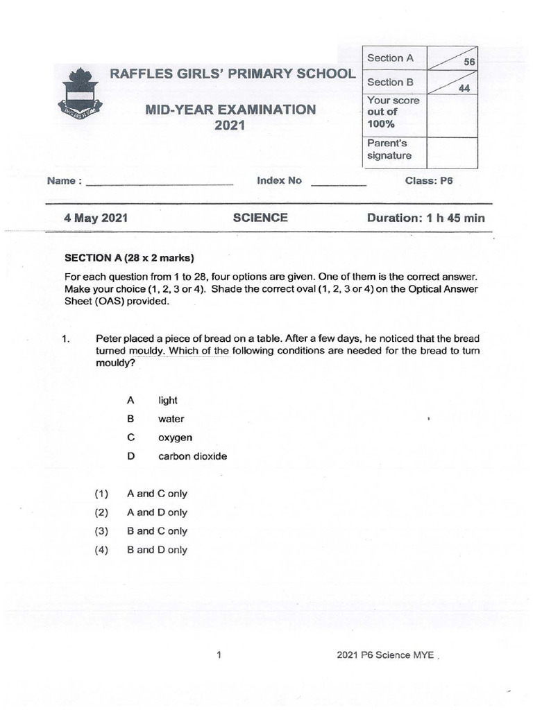 P6 Science SA1 2021 Raffles Exam Papers | PDF