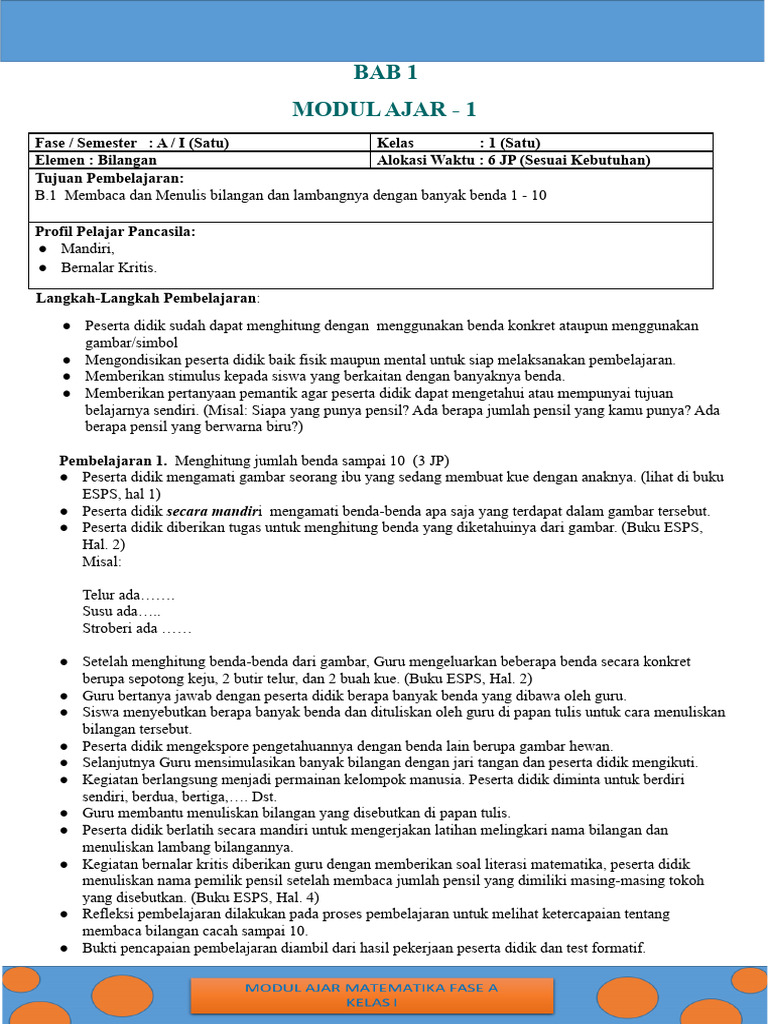 Modul Ajar (Ma) Esps Matematika Kelas 1 (Genap) | PDF
