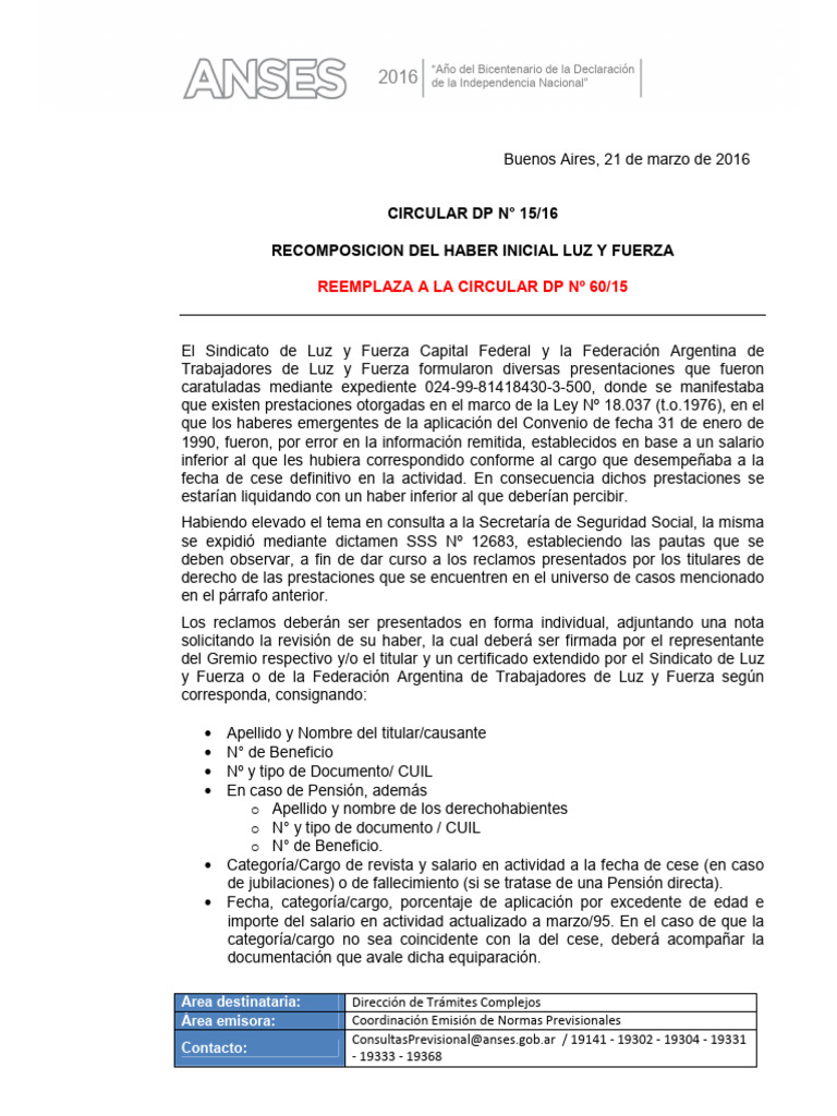 Anses Circular DP #15/16 Recomposicion Del Haber Inicial Luz y Fuerza ...