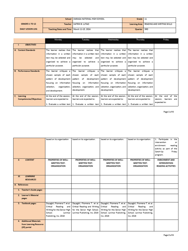 Reading and Writing Daily Lesson Log | PDF | Learning | Human Communication