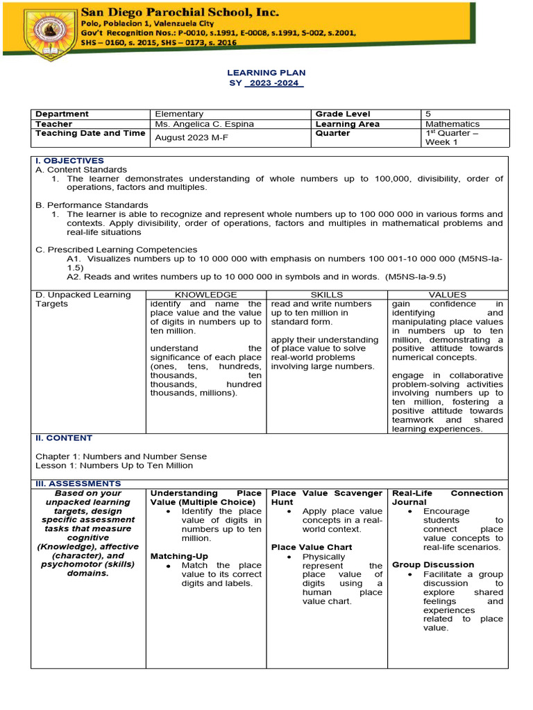 5th Grade Math Learning Plan: Place Value | PDF | Learning | Psychology