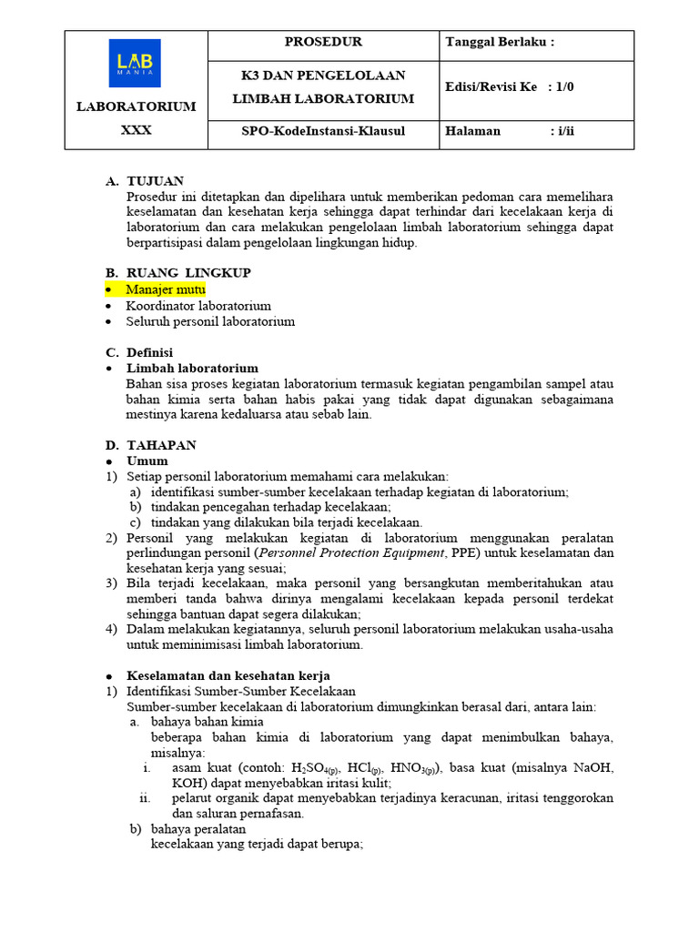 SOP - K3 Laboratorium | PDF