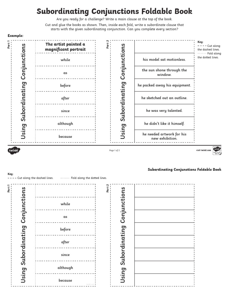 Subordinating Conjunctions Foldable Book Activity | PDF | Syntax | Language Mechanics