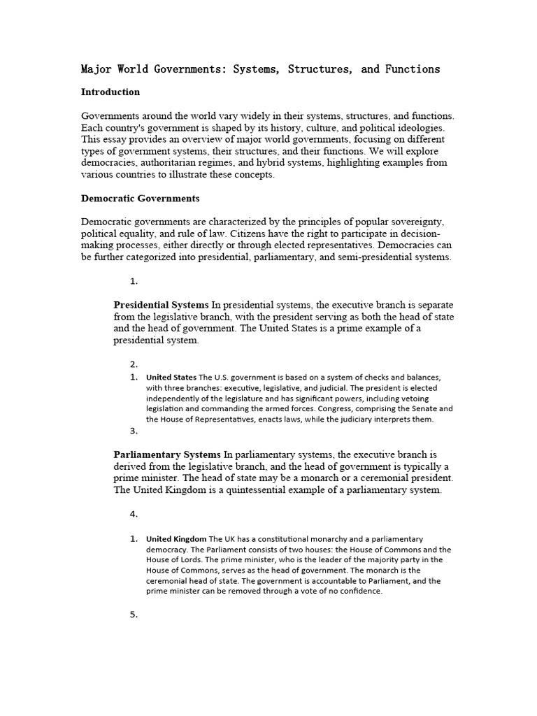 Overview of Global Government Systems | PDF | Government | Separation ...