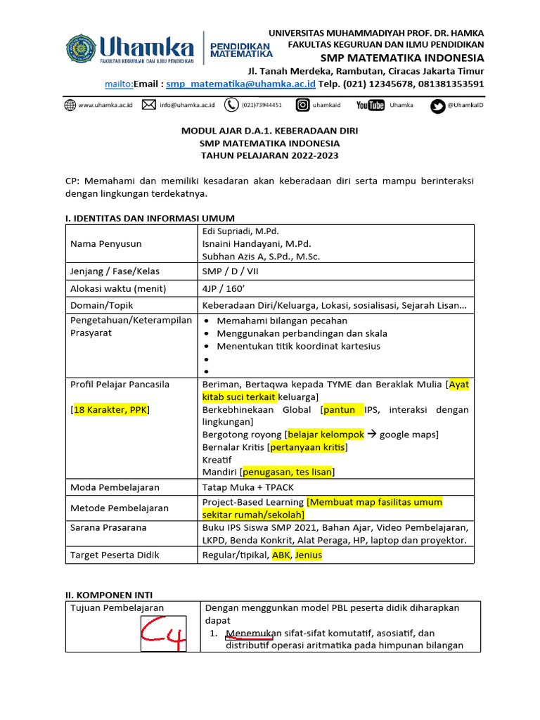 Contoh Modul Ajar Matematika SMP | PDF