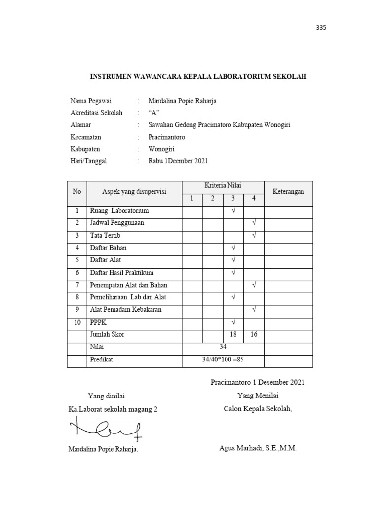 Instrumen Supervisi Kepala Laboratorium Sekolah Magang 2 | PDF