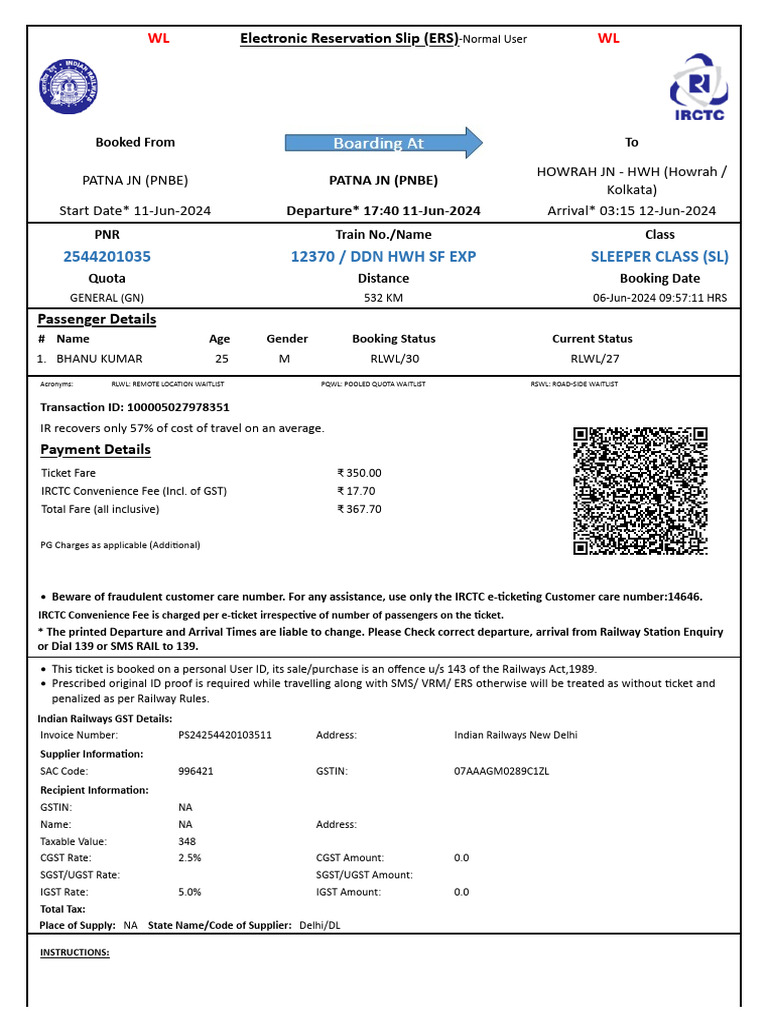 Patna To Howrah | PDF | Payments